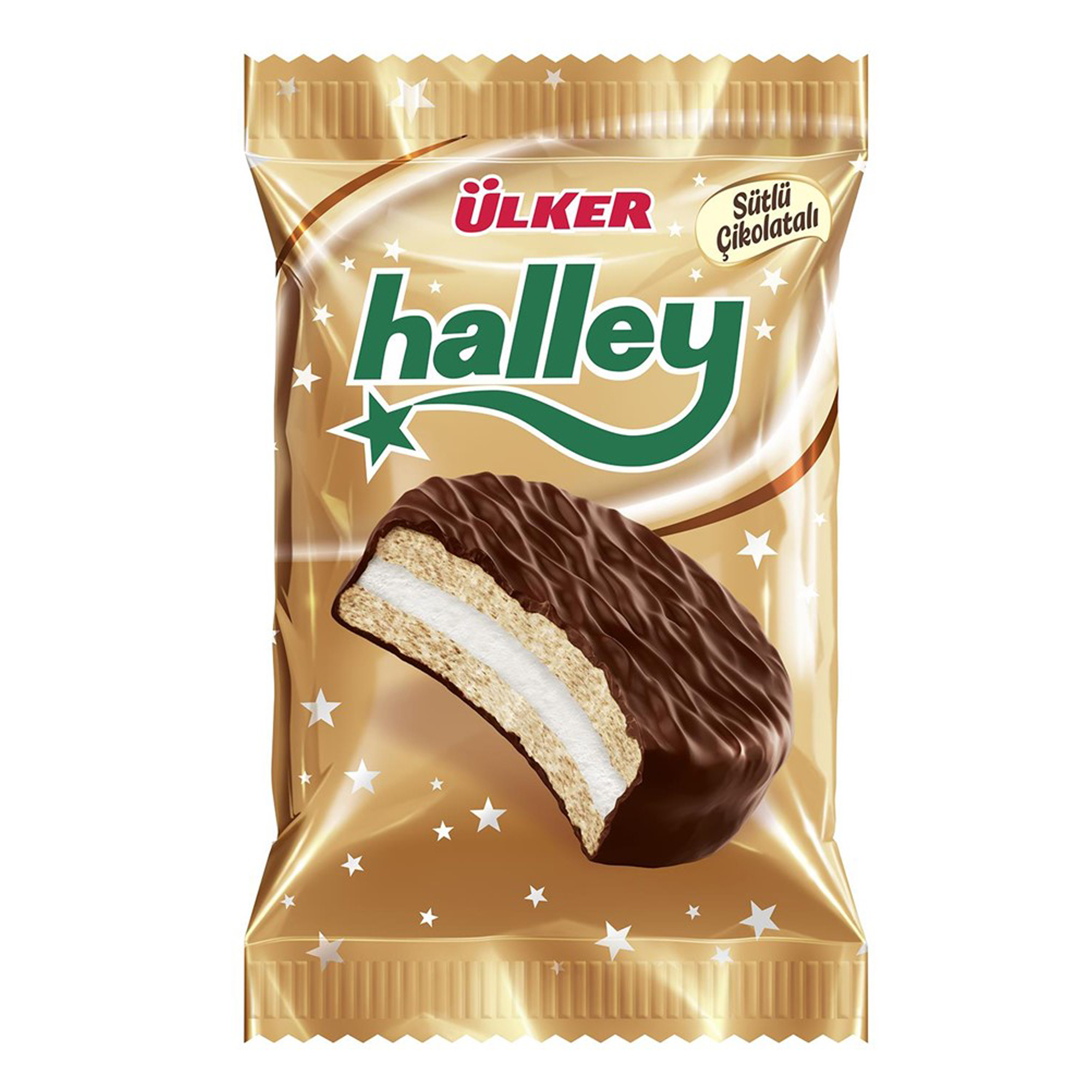 Halley Biscuiti sandwich cu bezea inveliti in ciocolata cu lapte