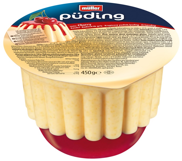Muller Pudding din gris cu topping de cirese